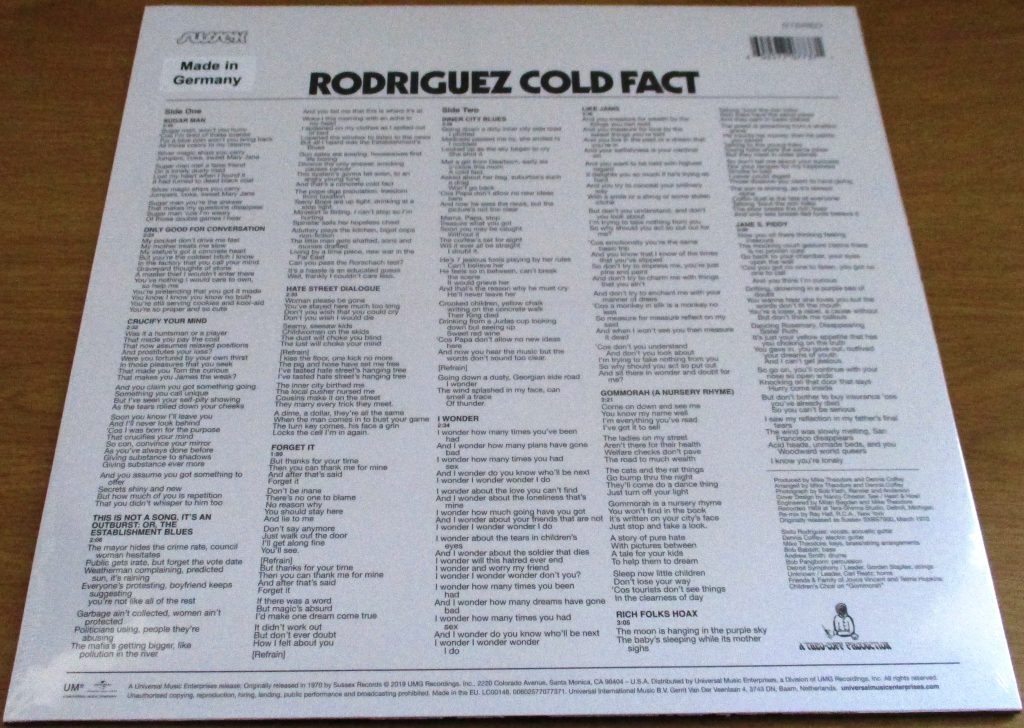 RODRIGUEZ Cold Fact 2019 European Pressing VINYL Record - Subterania